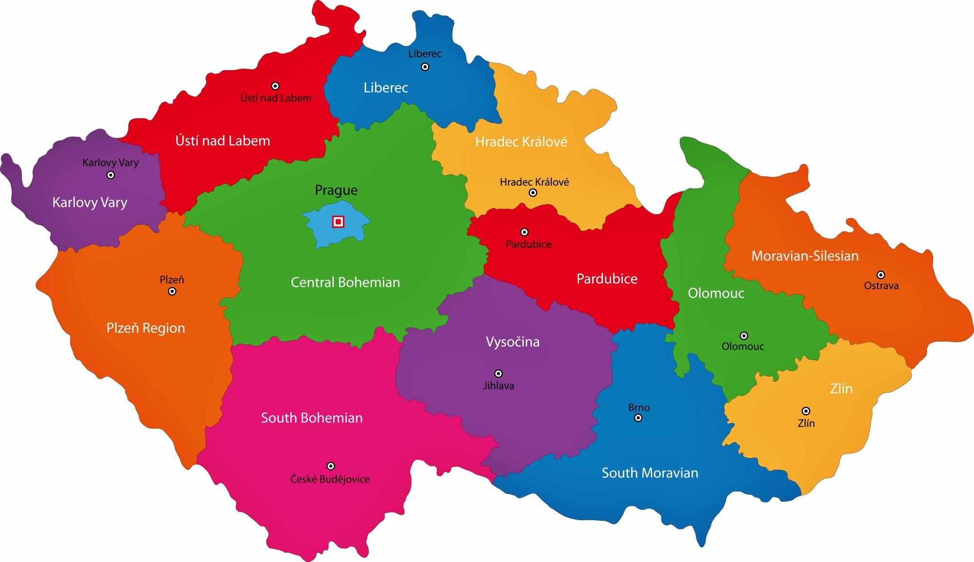 Češka republika regije zemljevid - Češke regije zemljevid (Vzhodni ...